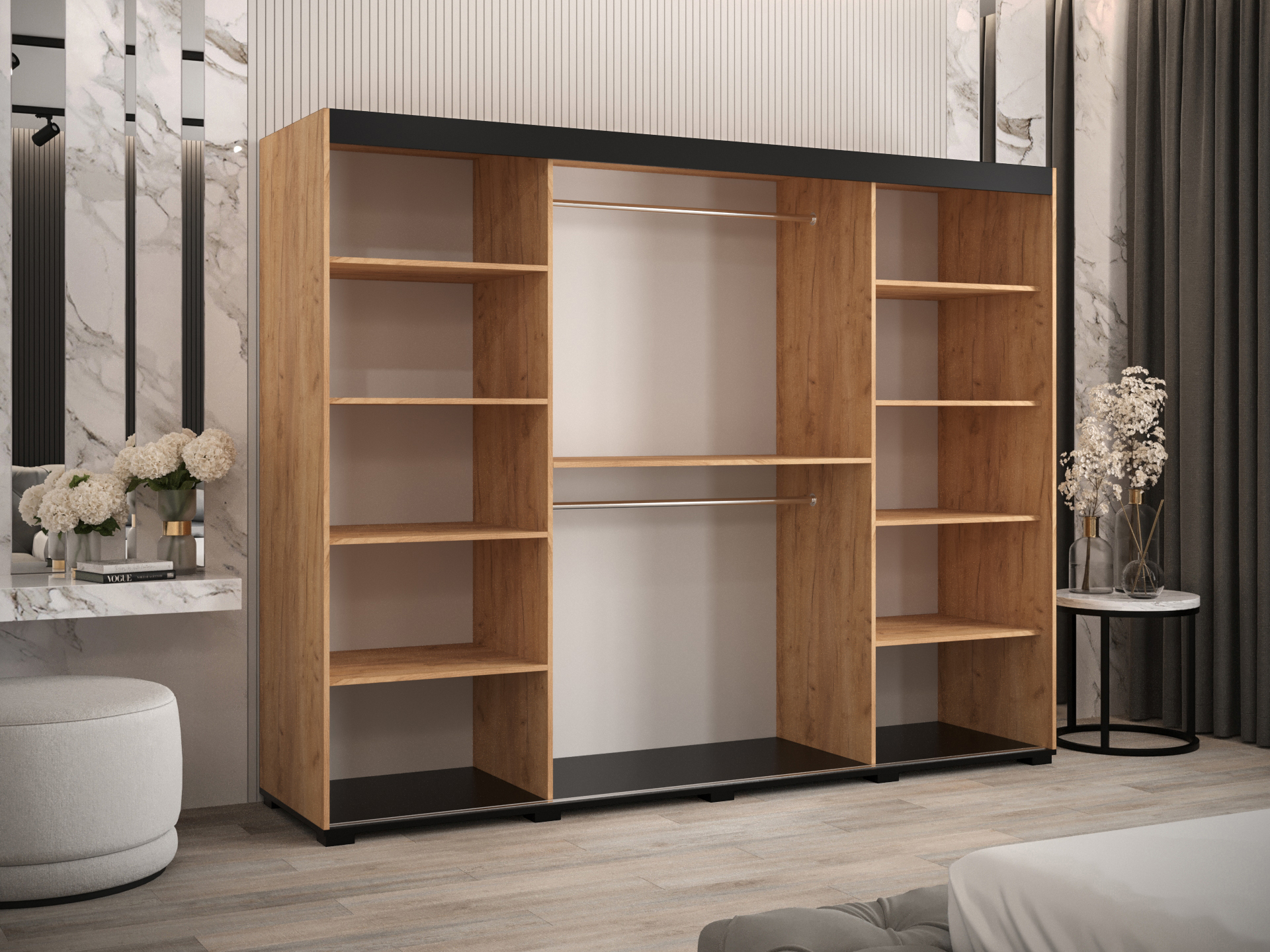 Dulap de haine 250 cm Bernard V4 (Stejar craft auriu + negru) | Zondo.ro