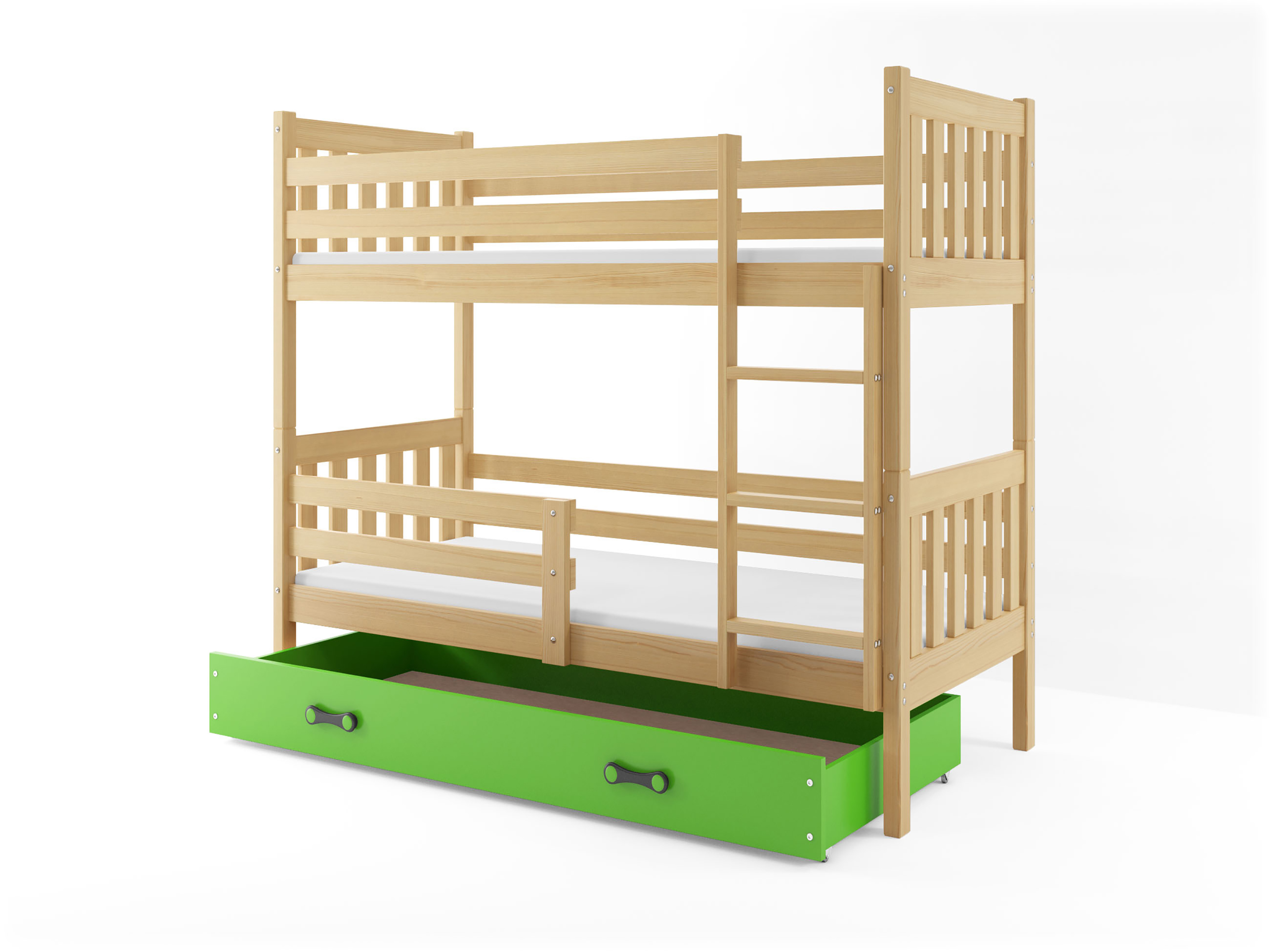 Pat etajat 80 x 160 cm Carius B (Pin + verde) (cu somiere, saltele și ...