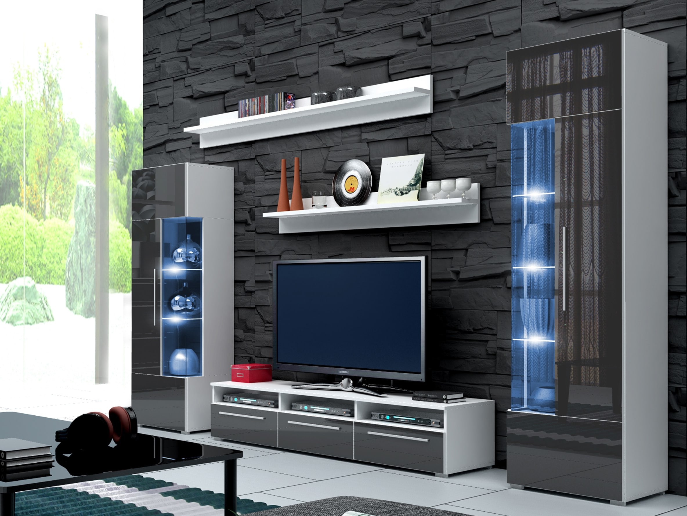 Mobilier living Ramon I (alb + gri lucios) (cu iluminat) | Zondo.ro