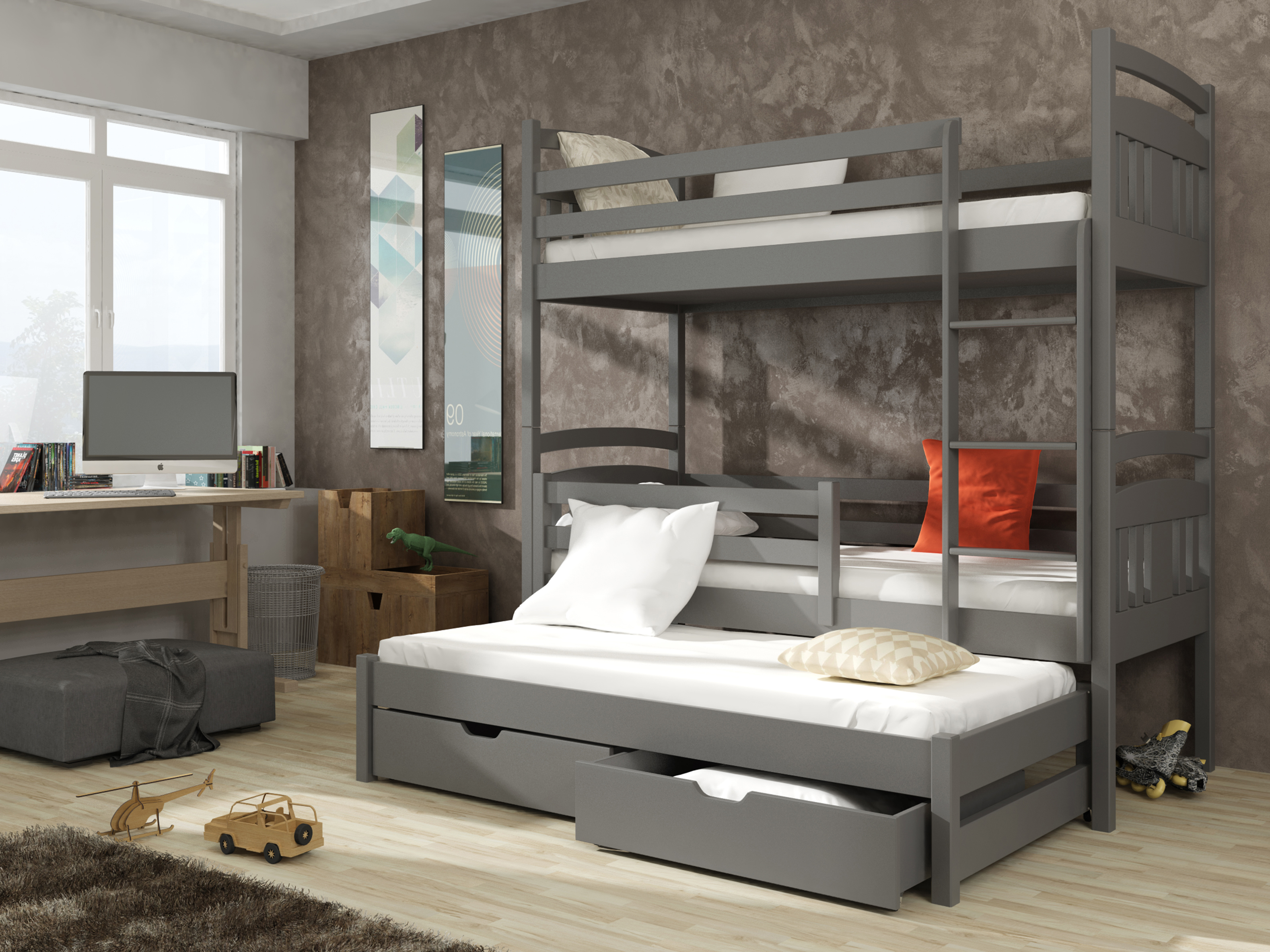 Pat pentru copii 90 x 200 cm IVA (cu somieră și sp. depozitare) (grafit ...