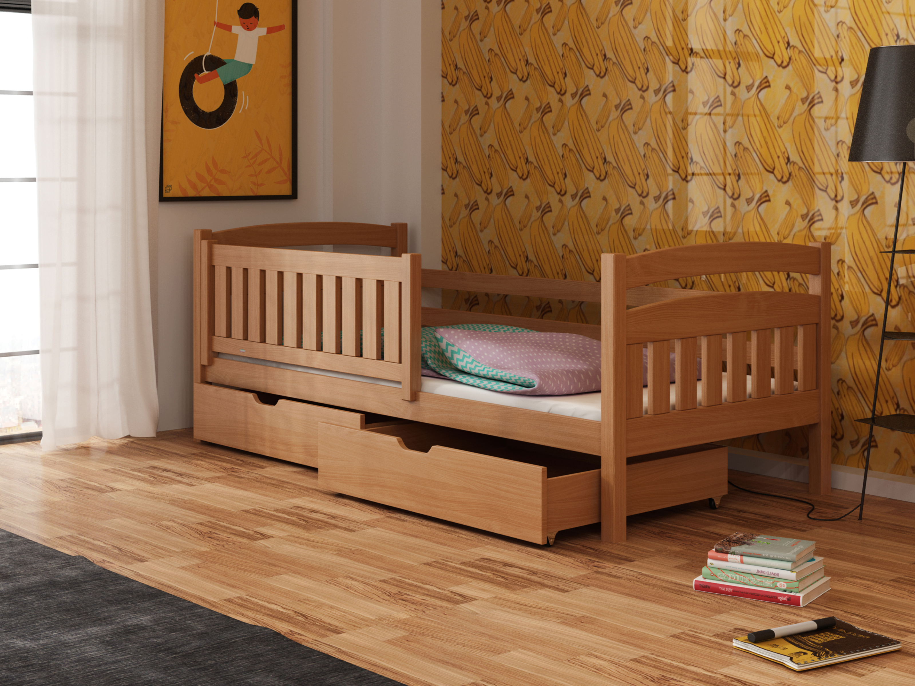 Pat pentru copii 90 cm Phil (cu somieră și sp. de depozitare) (fag ...
